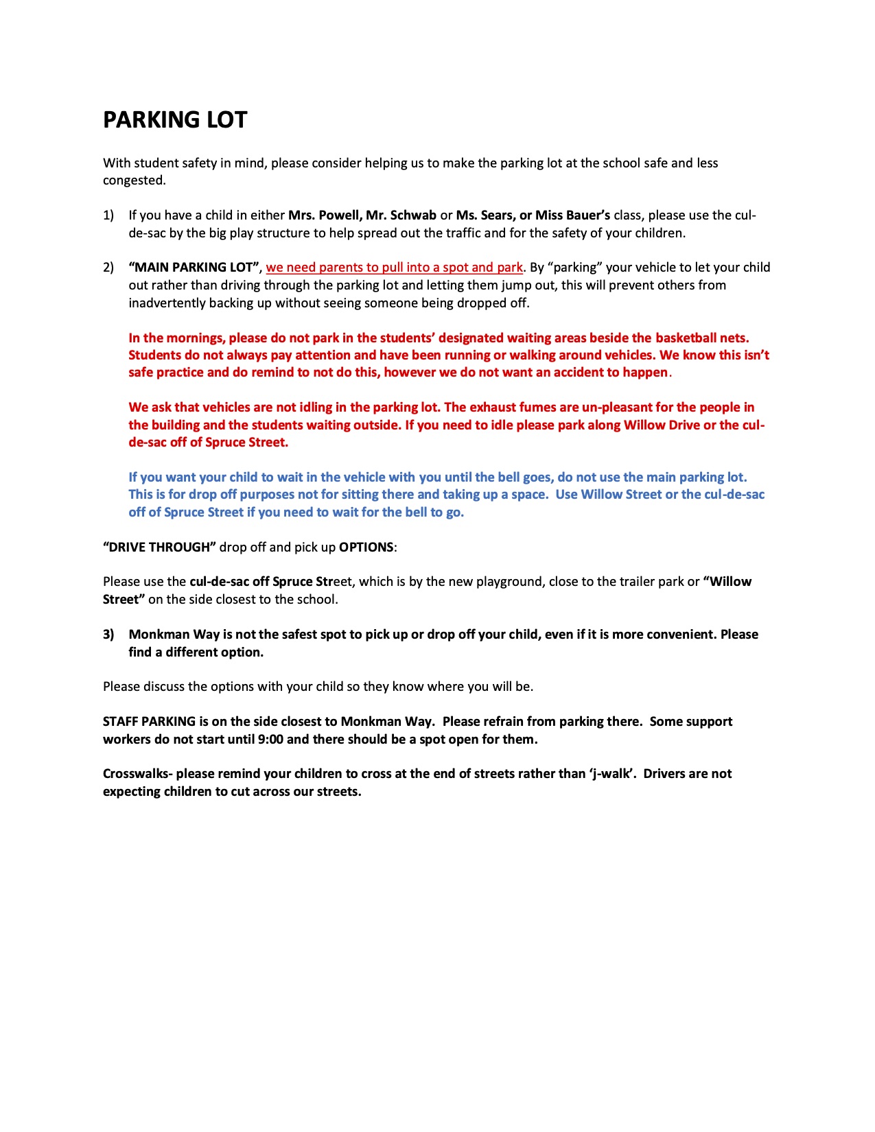 Parking Lot Reminders | School District 59