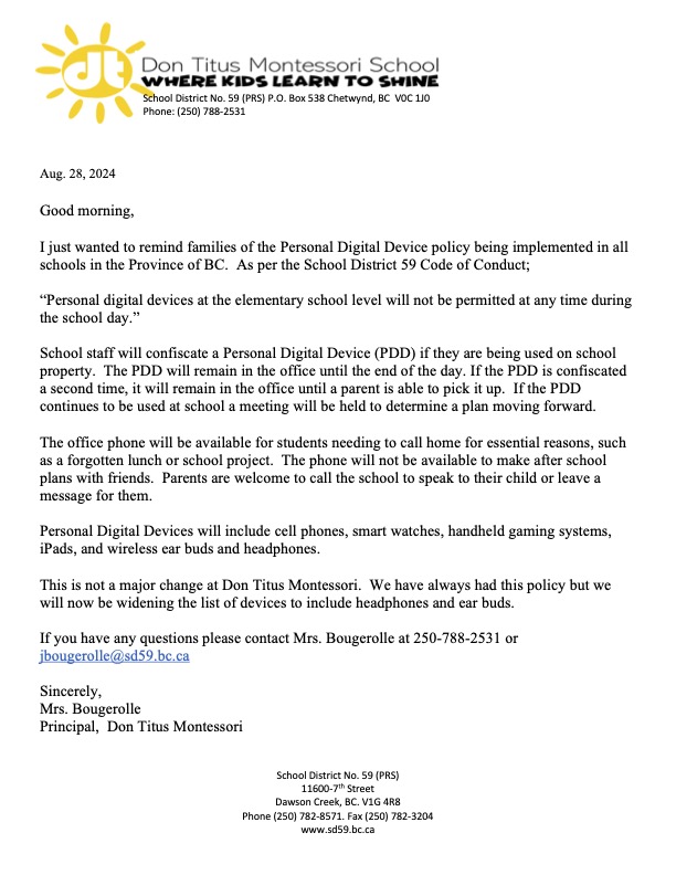 PERSONAL ELECTRONIC DEVISE NOTICE | School District 59